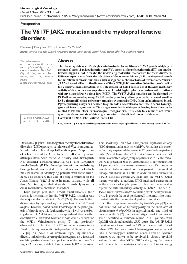 (PDF) The V617F JAK2 mutation and the myeloproliferative disorders