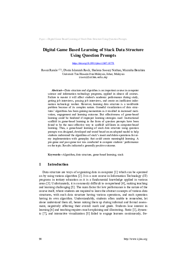 (PDF) Digital Game Based Learning of Stack Data Structure Using Question Prompts