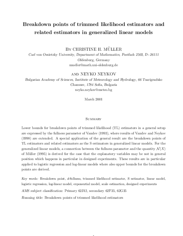 (PDF) Breakdown points of trimmed likelihood estimators and related estimators in generalized ...