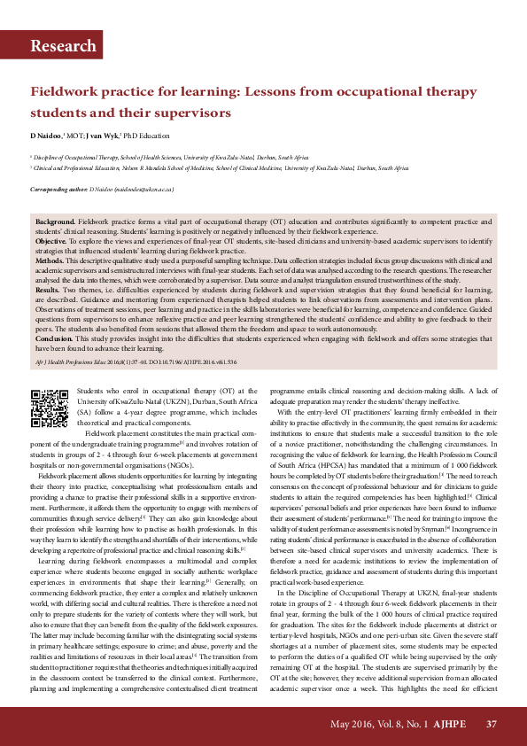 (PDF) Fieldwork practice for learning: Lessons from occupational ...