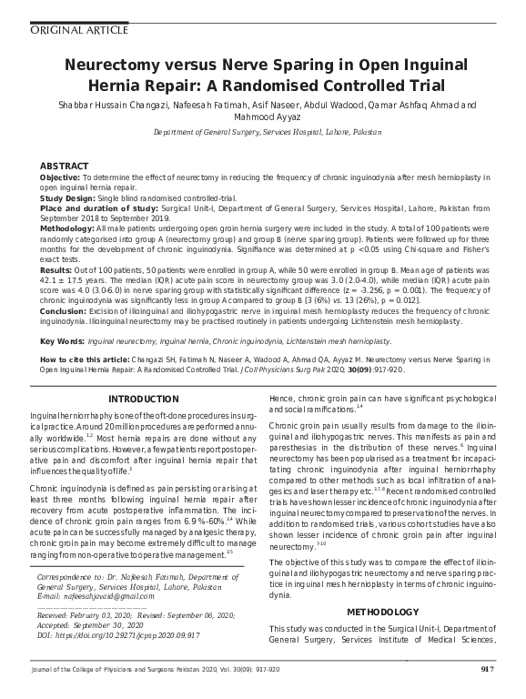 (PDF) Neurectomy versus Nerve Sparing in Open Inguinal Hernia Repair: A Randomised Controlled Trial
