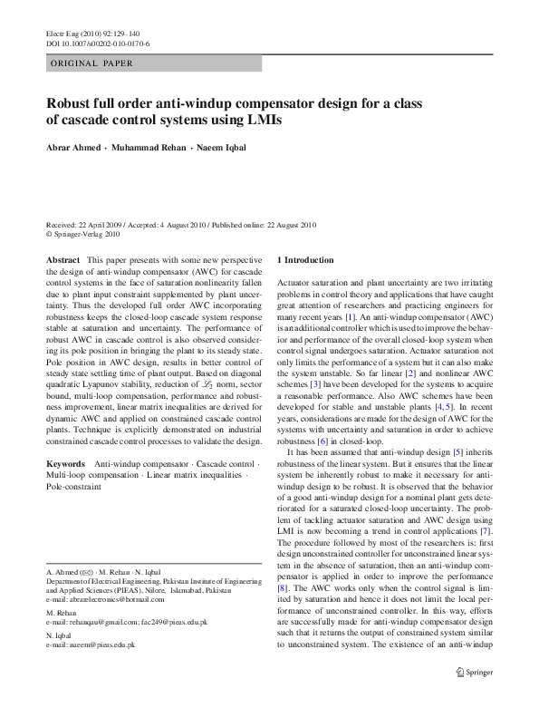 (PDF) Robust full order anti-windup compensator design for a class of cascade control systems ...