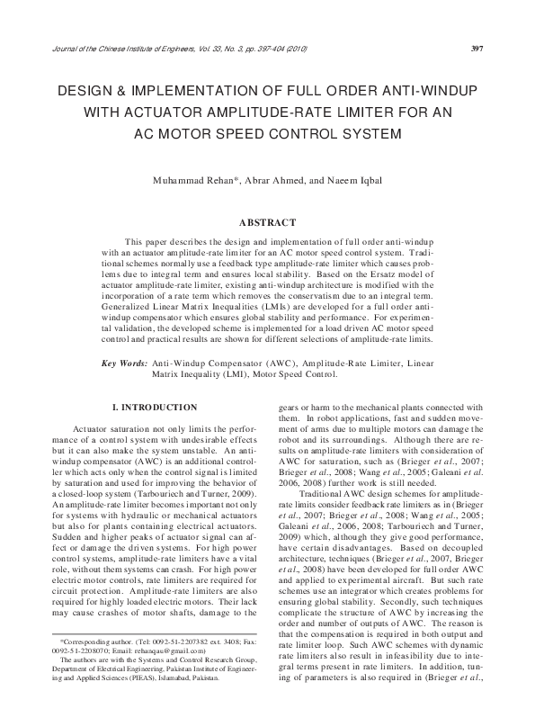 (PDF) Design implementation of full order anti‐windup with actuator amplitude‐rate limiter for ...