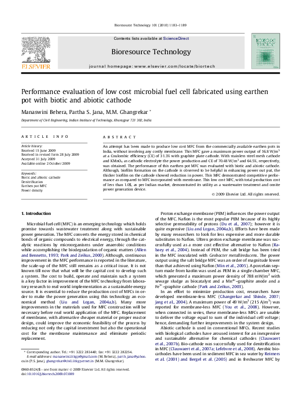(PDF) Performance Evaluation of Low-Cost Microbial Fuel Cell Employing ...