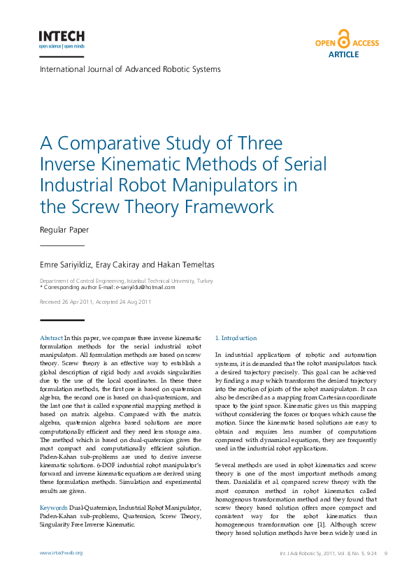 (PDF) A Comparative Study of Three Inverse Kinematic Methods of Serial Industrial Robot ...