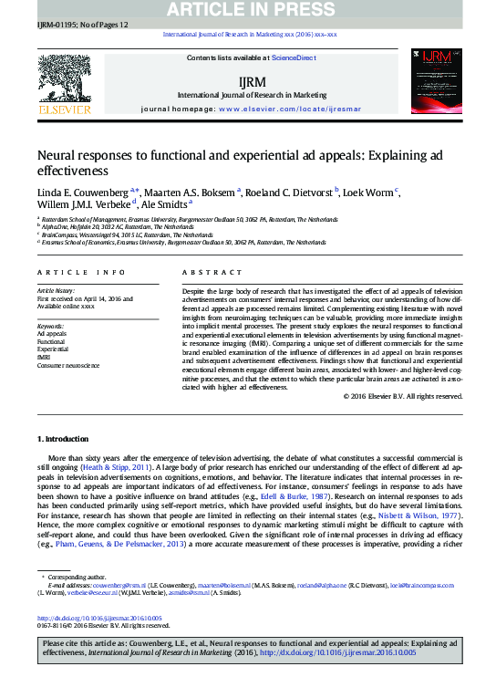 (PDF) Neural responses to functional and experiential ad appeals ...
