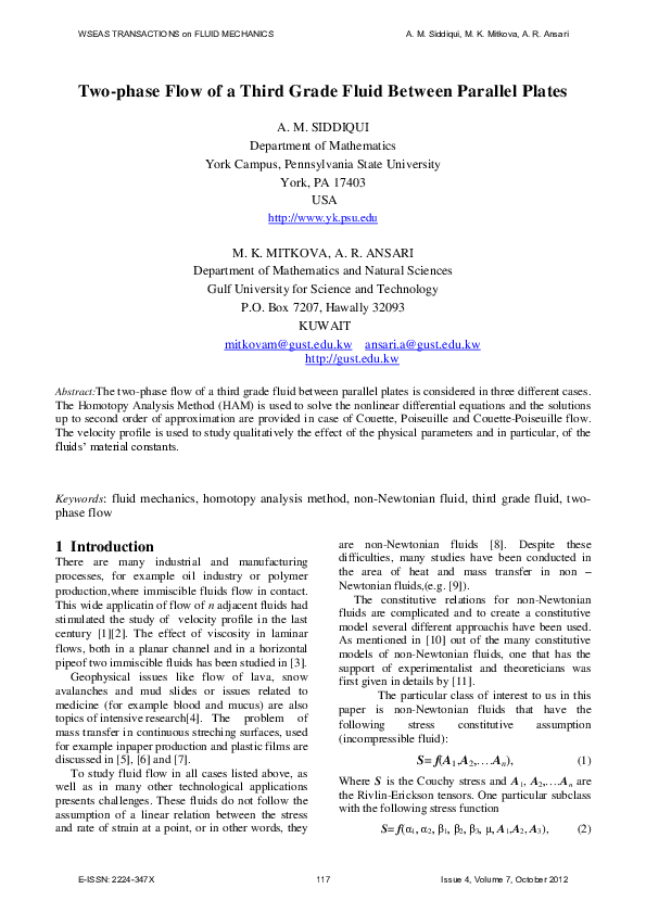 (PDF) Two-phase flow of a third grade fluid between parallel plates