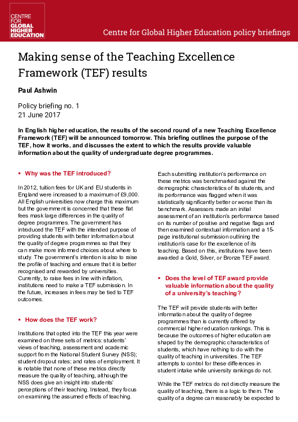 (PDF) Making sense of the Teaching Excellence Framework (TEF) results
