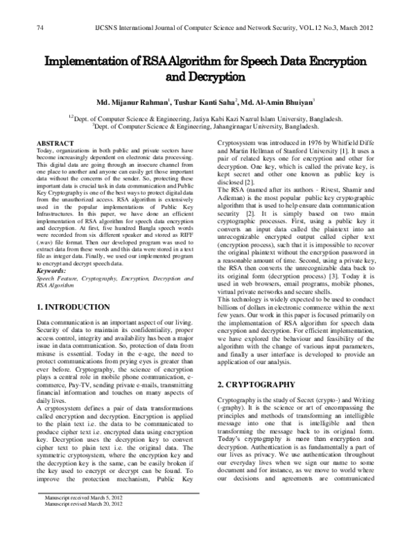 (PDF) Implementation of RSA Algorithm for Speech Data Encryption and ...