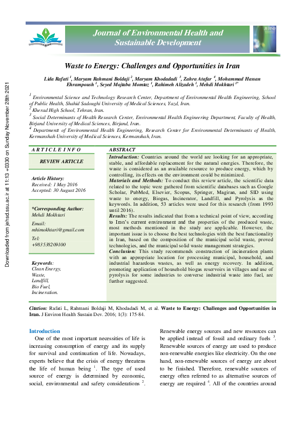 (PDF) Waste to Energy: Challenges and Opportunities in Iran