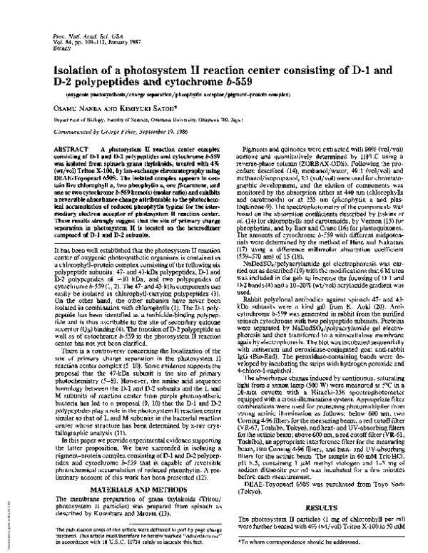 (PDF) Affinity Chromatography Purification of Photosystem II Complex