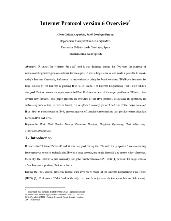 (PDF) Internet Protocol version 6 Overview