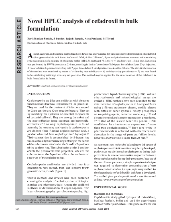 (PDF) Novel HPLC Analysis of Cefadroxil In Bulk Formulation
