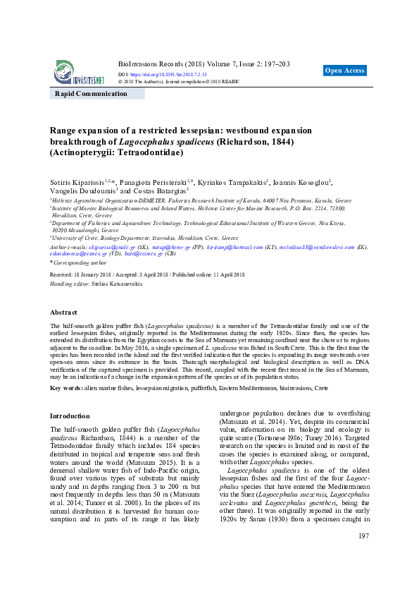 (PDF) Range expansion of a restricted lessepsian: westbound expansion ...