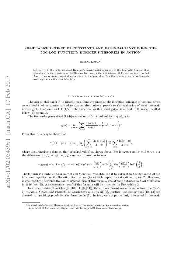 (PDF) Generalized Stieltjes constants and integrals involving the log ...