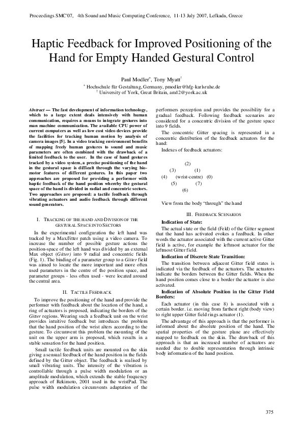 (PDF) Haptic Feedback for Improved Positioning of the Hand for Empty ...