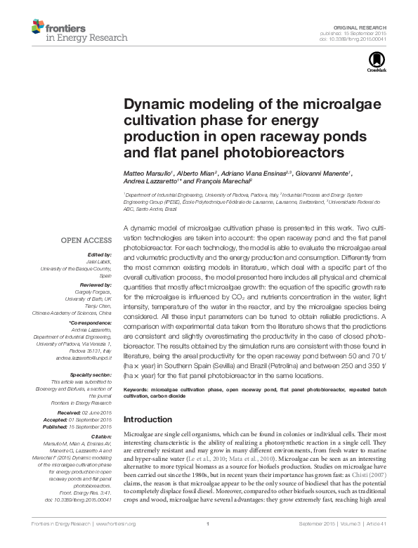 Pdf Modeling Microalgae Cultivation For Energy Production