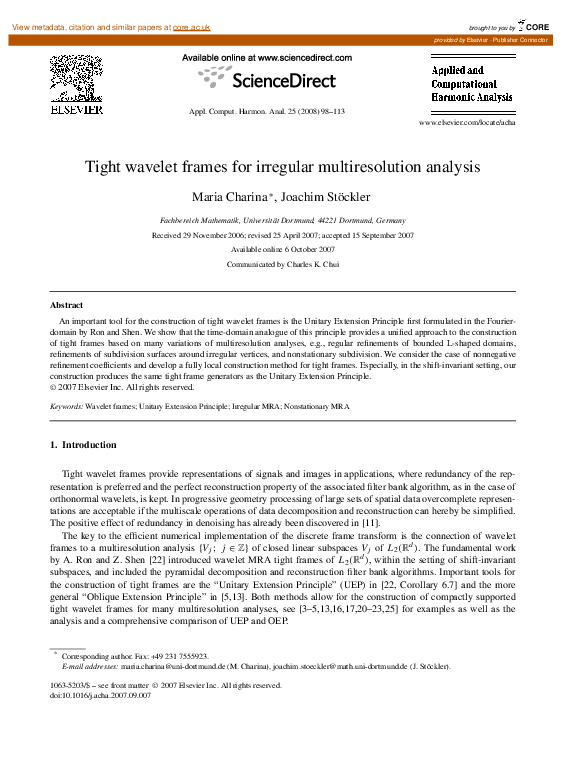 (PDF) Tight wavelet frames for irregular multiresolution analysis