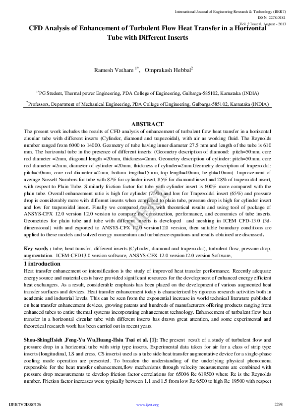 (PDF) CFD Analysis of Enhancement of Turbulent Flow Heat Transfer in a ...