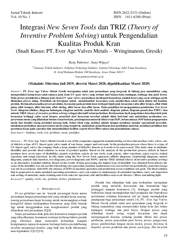 (PDF) Integrasi New Seven Tools dan TRIZ (Theory of Inventive Problem ...