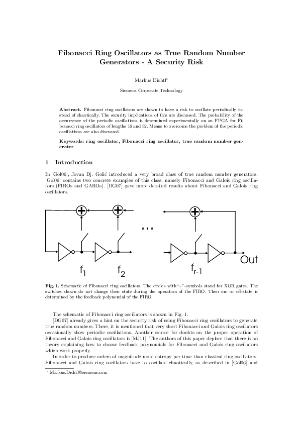 (PDF) Fibonacci Ring Oscillators as True Random Number Generators - A Security Risk