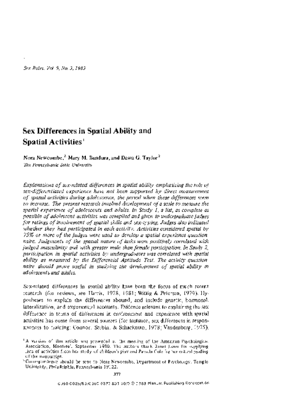 Pdf Sex Differences In Spatial Ability And Spatial Activities