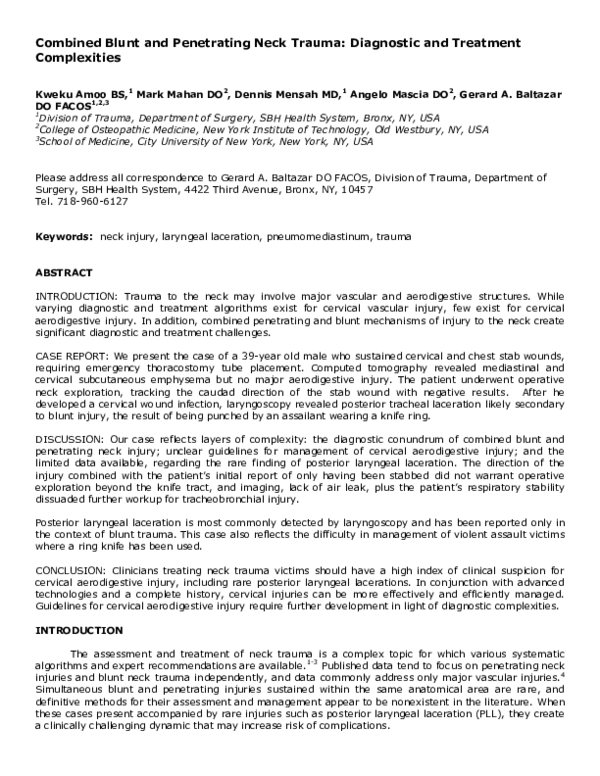 (PDF) Combined Blunt and Penetrating Neck Trauma : Diagnostic and ...