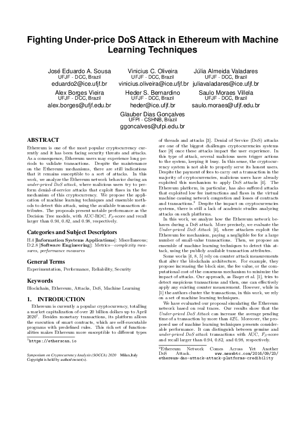 (PDF) Fighting Under-price DoS Attack in Ethereum with Machine Learning Techniques