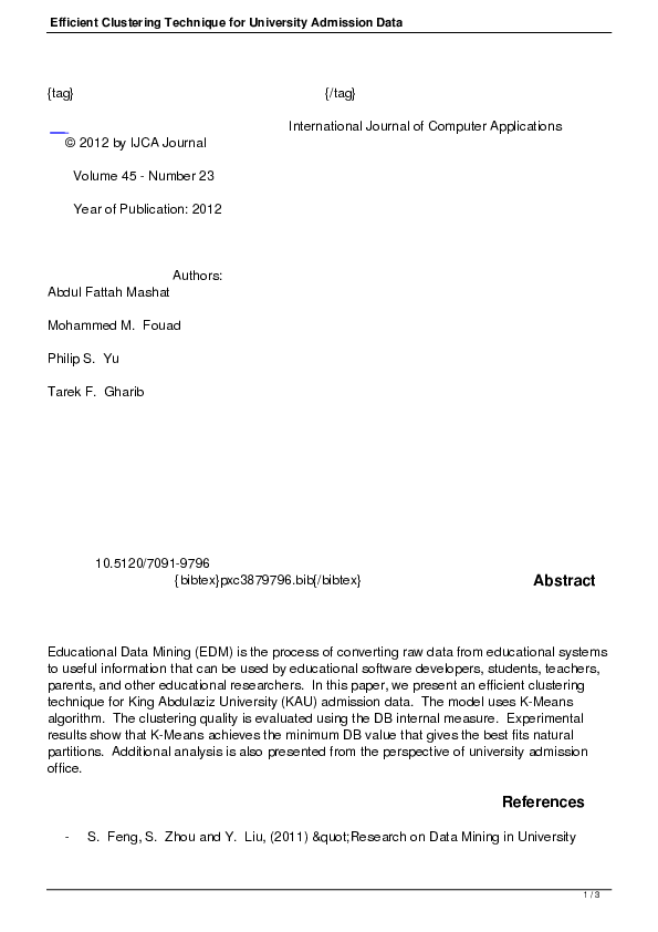 (PDF) Efficient Clustering Technique for University Admission Data