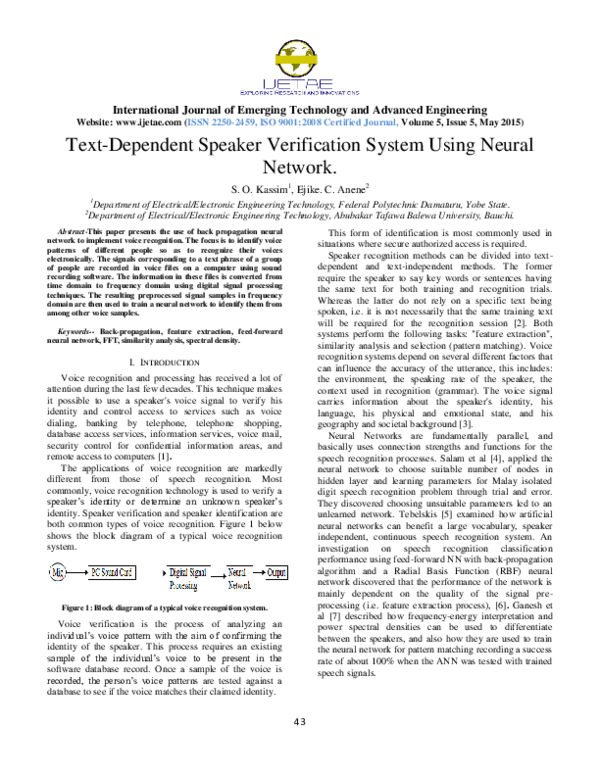 Pdf Text Dependent Speaker Verification System Using Neural Network