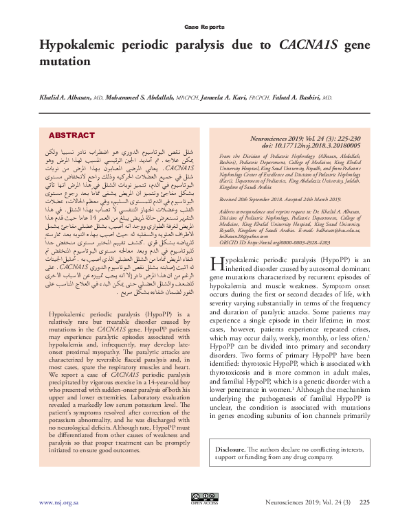 (PDF) Hypokalemic periodic paralysis due to CACNA1S gene mutation