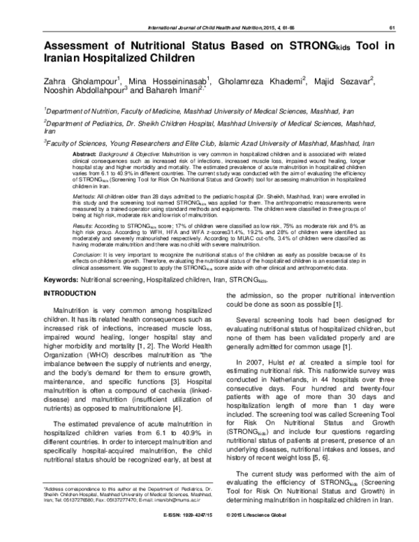 (PDF) Assessment of Nutritional Status Based on STRONG kids Tool in ...