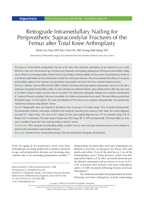 (PDF) Retrograde intramedullary nailing for periprosthetic supracondylar fractures of the femur ...