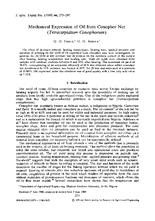 (PDF) Mechanical expression of oil from conophor nut (Tetracarpidium ...