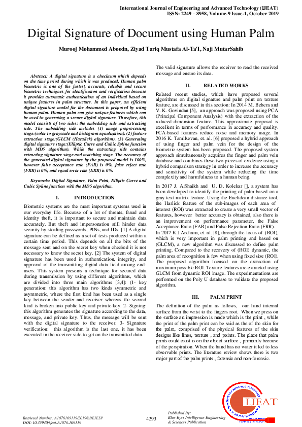 (PDF) Digital Signature of Document using Human Palm
