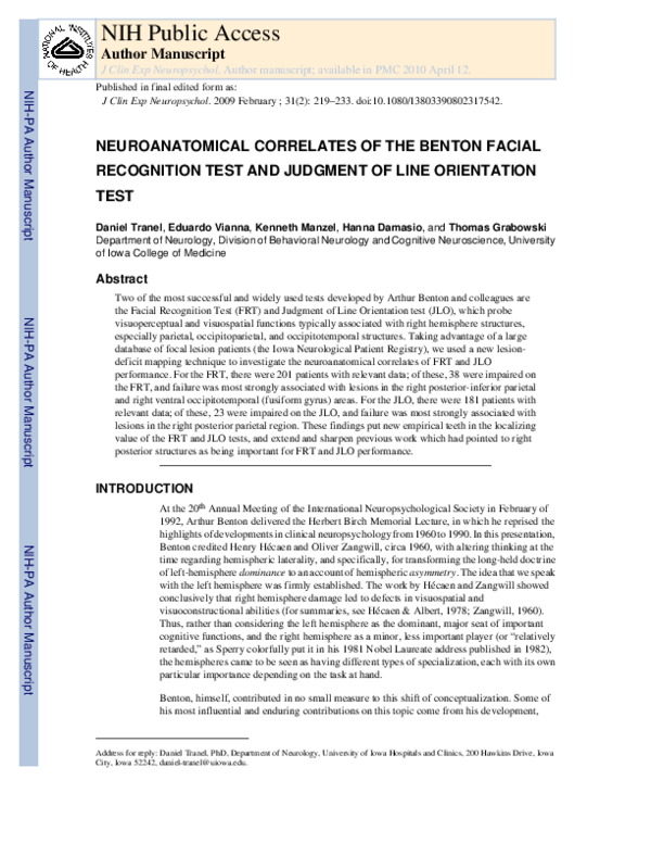 (PDF) Neuroanatomical correlates of the Benton Facial Recognition Test ...
