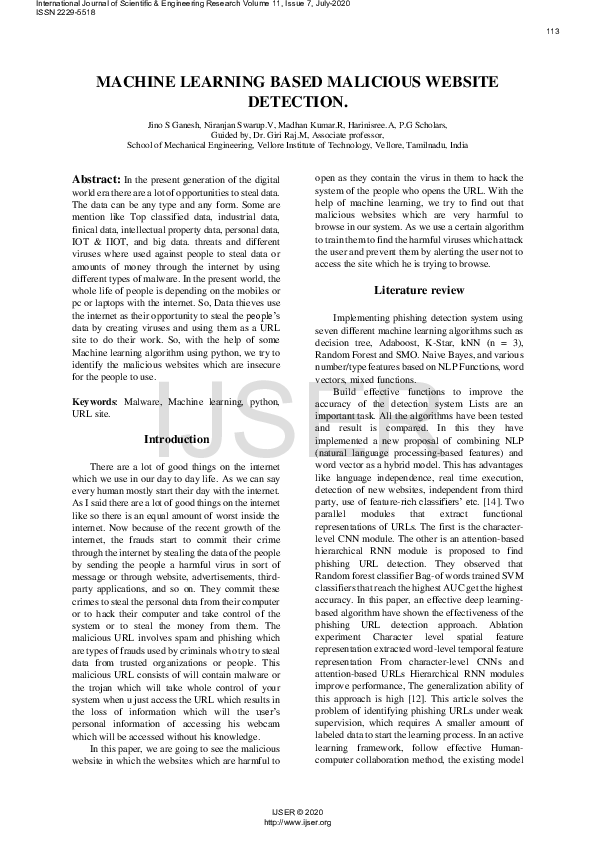 (PDF) Machine Learning Based Malicious Website Detection