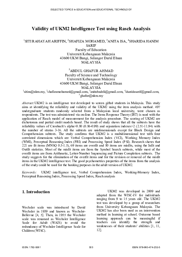 (PDF) Validity of UKM1 Intelligence Test using Rasch Analysis