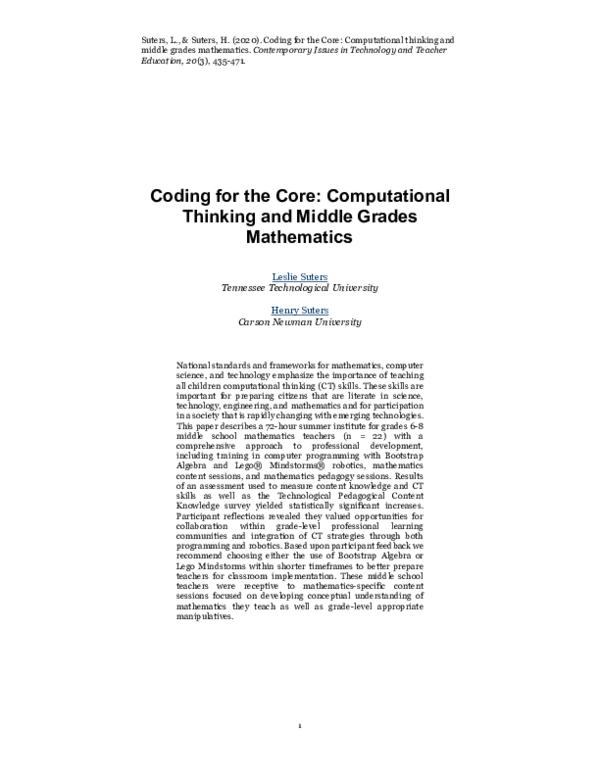 (PDF) Coding for the Core: Computational Thinking and Middle Grades ...