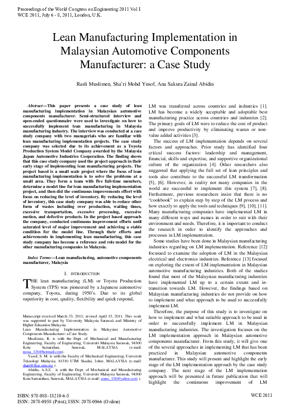 (PDF) Lean manufacturing implementation in Malaysian automotive components manufacturer: A case ...