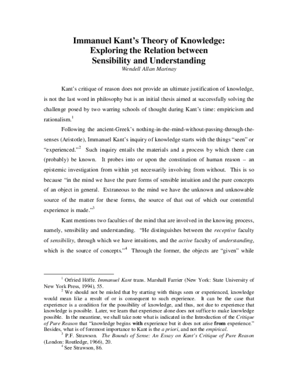 (PDF) Emmanuel Kant's Theory of Knowledge: Exploring the Relation ...