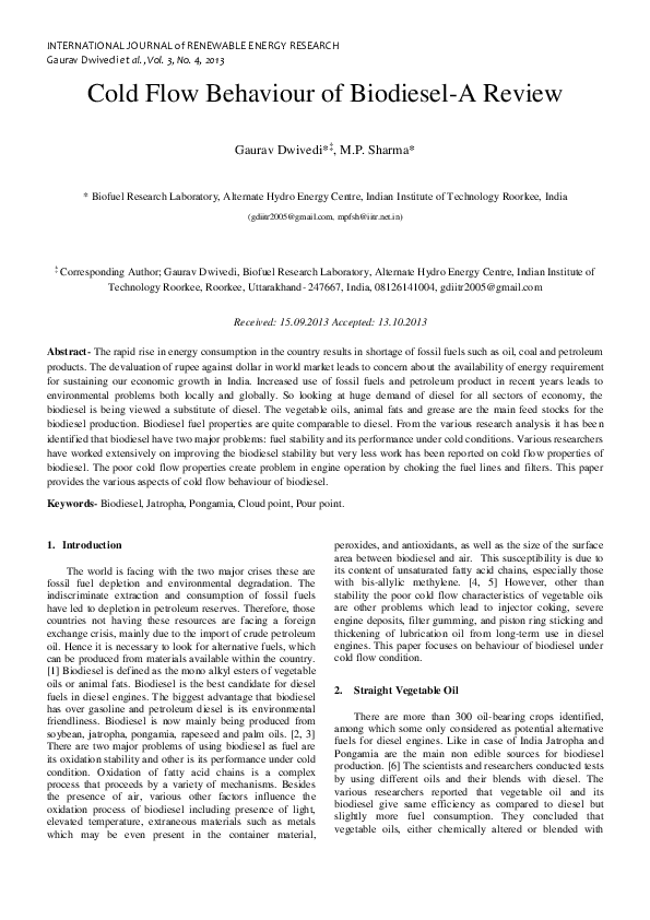 (PDF) Cold Flow Behaviour of Biodiesel-A Review