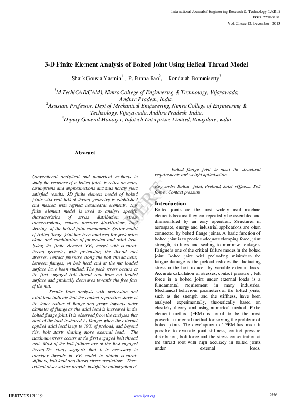 (PDF) 3-D Finite Element Analysis of Bolted Joint Using Helical Thread Model