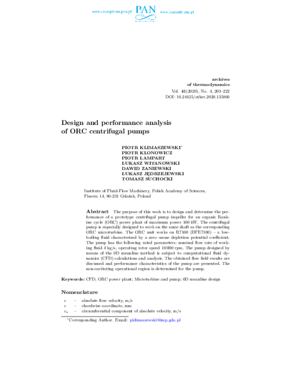 (PDF) Design and performance analysis of ORC centrifugal pumps