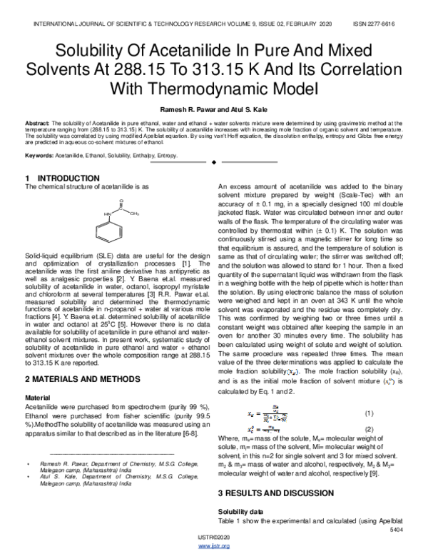 (PDF) Solubility Of Acetanilide In Pure And Mixed Solvents At 288.15 To 313.15 K And Its ...