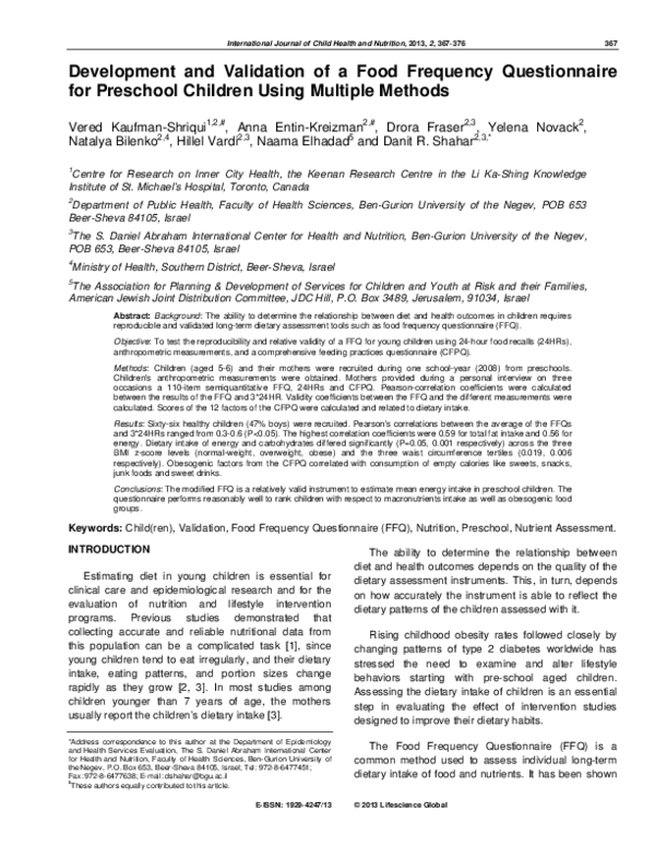 (PDF) Development and Validation of a Food Frequency Questionnaire for Preschool Children Using ...