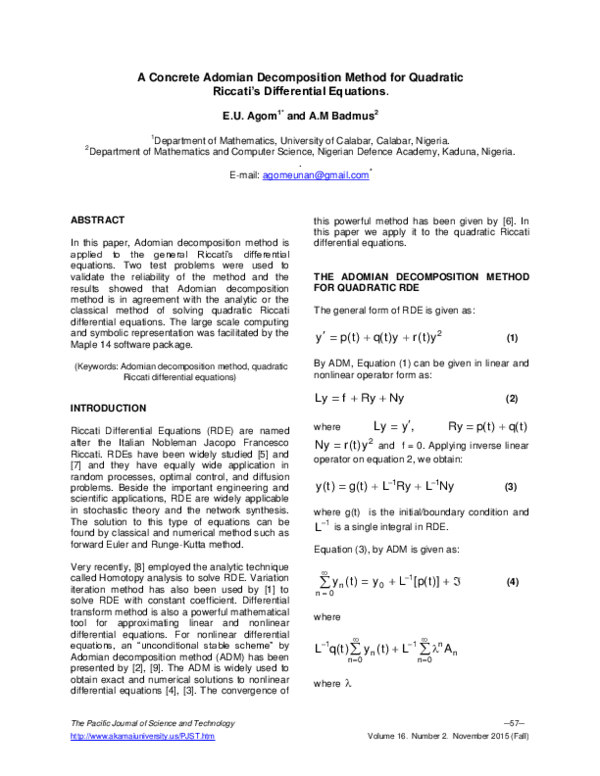 Pdf A Concrete Adomian Decomposition Method For Quadratic Riccati S Differential Equations