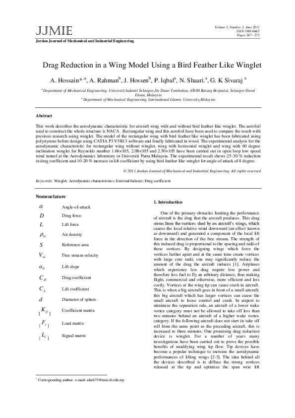 (PDF) Drag Reduction in a Wing Model Using a Bird Feather Like Winglet