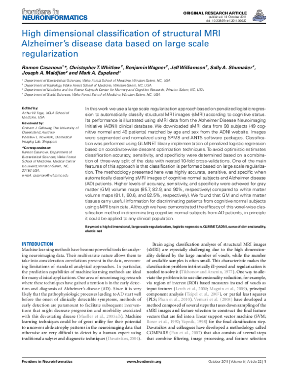(PDF) High dimensional classification of structural MRI Alzheimer's ...