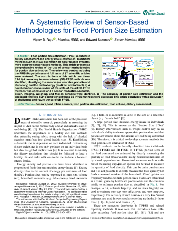 Pdf A Systematic Review Of Sensor Based Methodologies For Food Portion Size Estimation